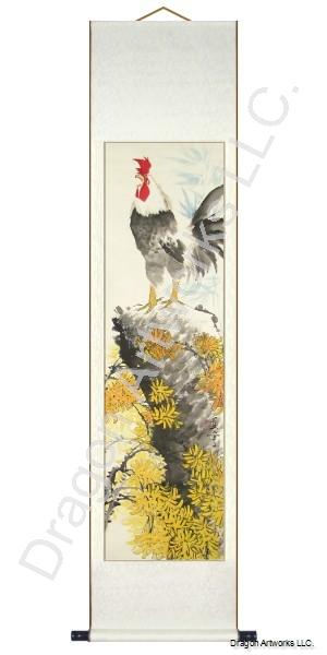 Auspicious Rooster Crowing Chinese Scroll Painting